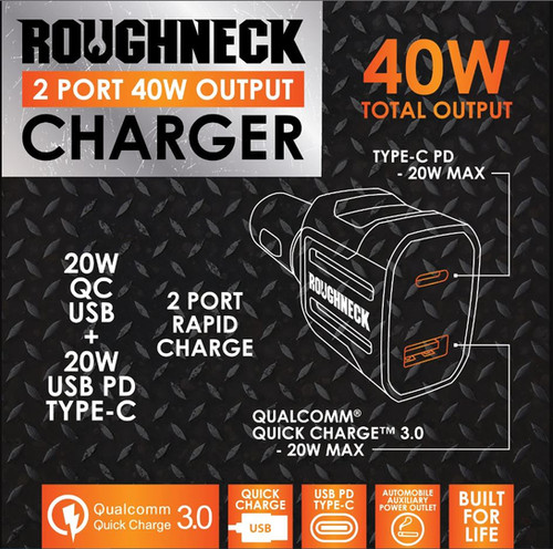 Roughneck™ 2 Port Rapid Car Charger - USB & USB-C - Counter Display | Treasure Chest