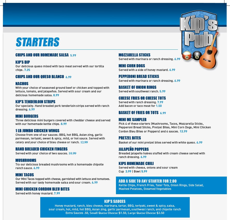 FOOD MENU | Kips Pub Indy