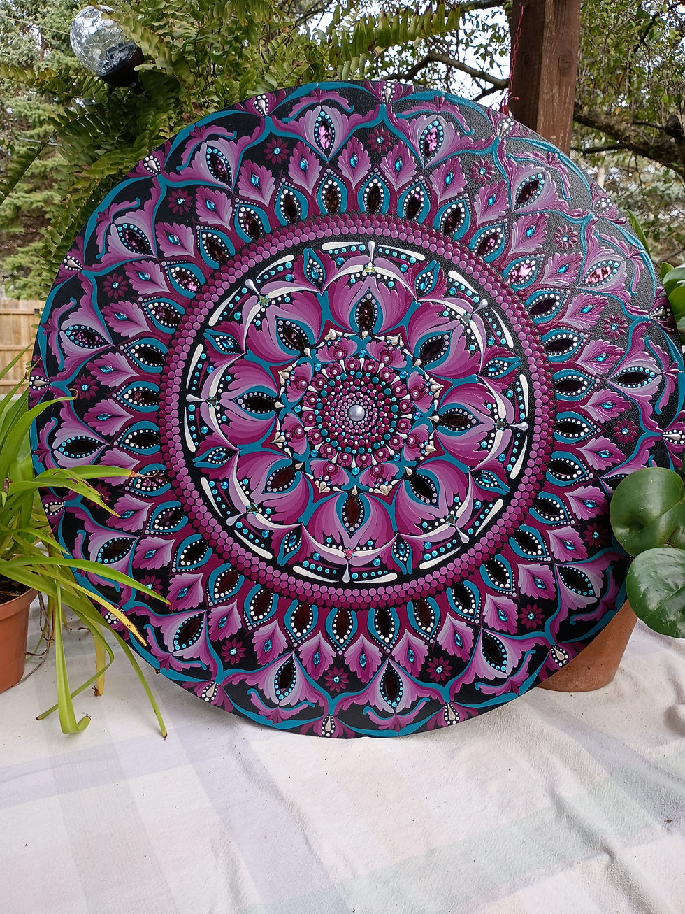 24” Hand-Painted Mandala | Wall Art | Mirror Accents | Turquoise and ...