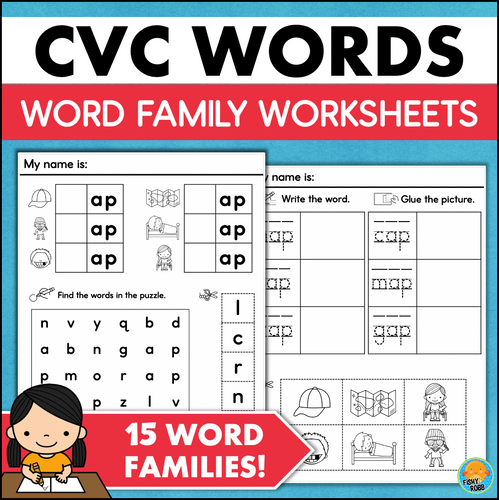 CVC Word Families Kindergarten Cut & Paste Worksheets