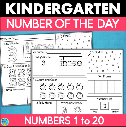 Kindergarten Number of the Day Worksheets 1 to 20 | Teach with Fishyrobb