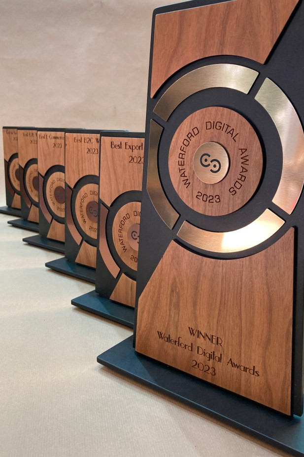 Custom made Awards in Oak, brass and copper foil for Waterford LEO