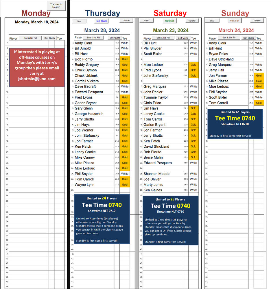 Future Play, Mar 23-28, 2024, Updated Mar 21st @1630 | Macdill Mens Golf
