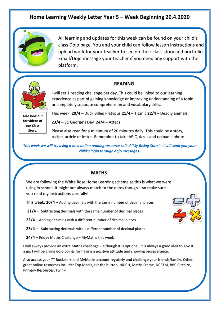 Year 5 Home Learning Weekly Letter