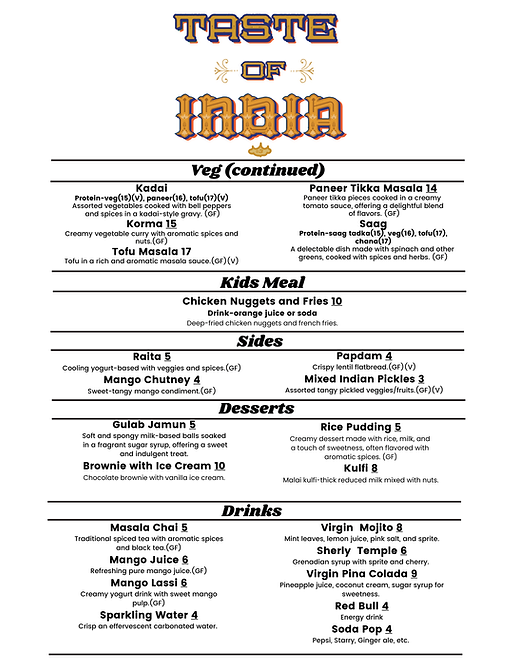 Taste of India One Menu | Taste Of India One