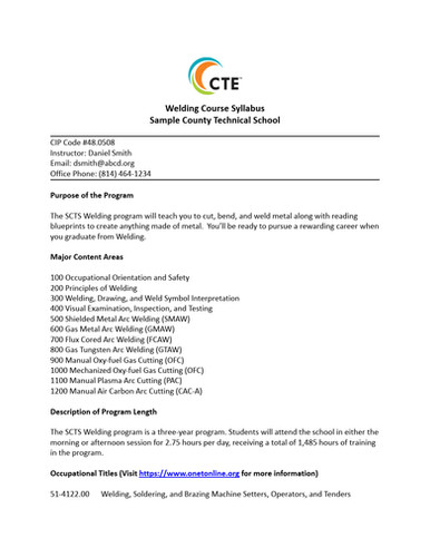 Sample Course Syllabus for Welding | CTE Curriculum Teach