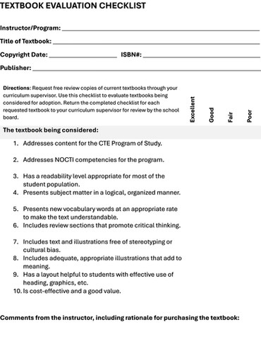 Textbook Evaluation Checklist - Template | CTE Curriculum Teach