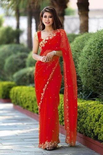 Soft light-weight net saree with Fully Stiched Blouse | Tridaal