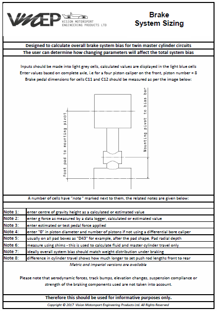 Brake system sizing calculation spreadsheet