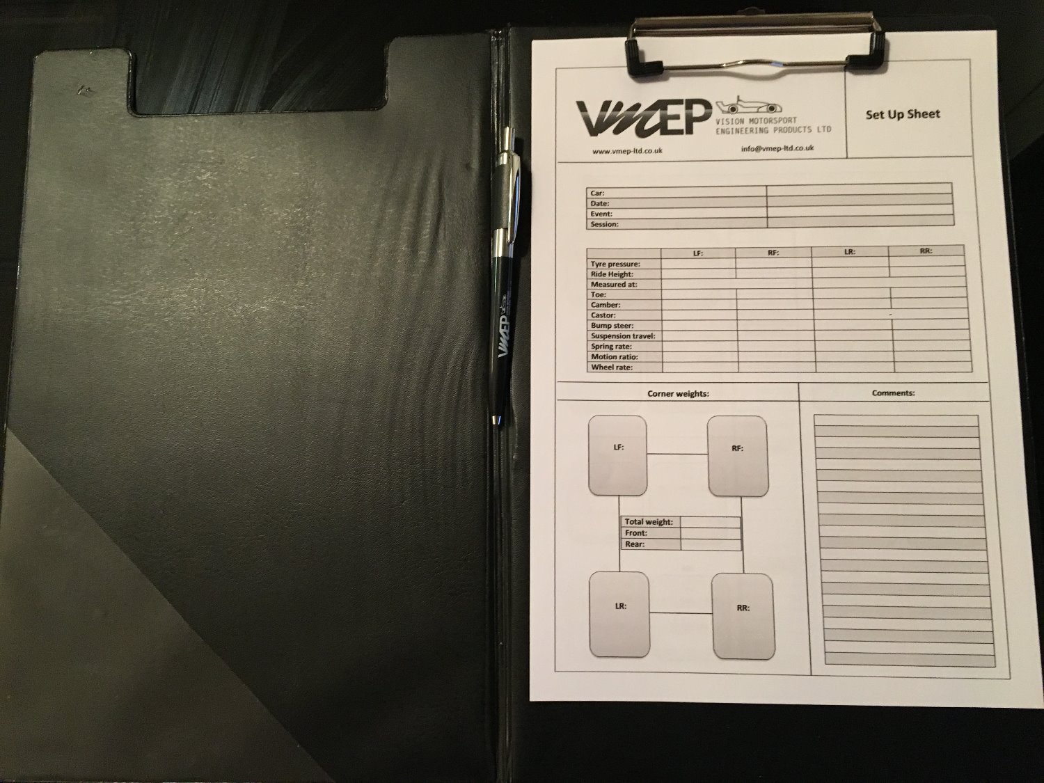 Race Car Set Up Sheets | VMEP-LTD
