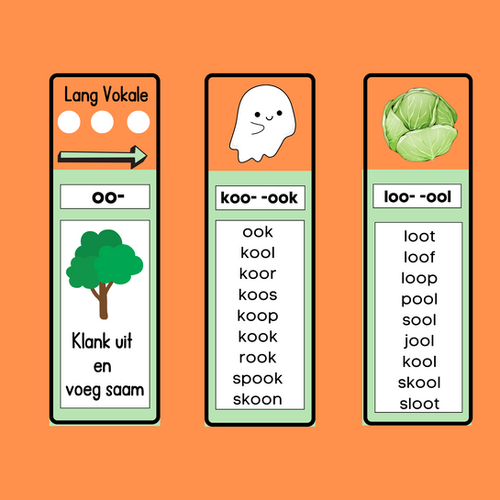 Vokale Boekmerkies: a,e,o,u,i,aa,ee,oo,uu,ie,oe,eu | Spraakterapie HUB