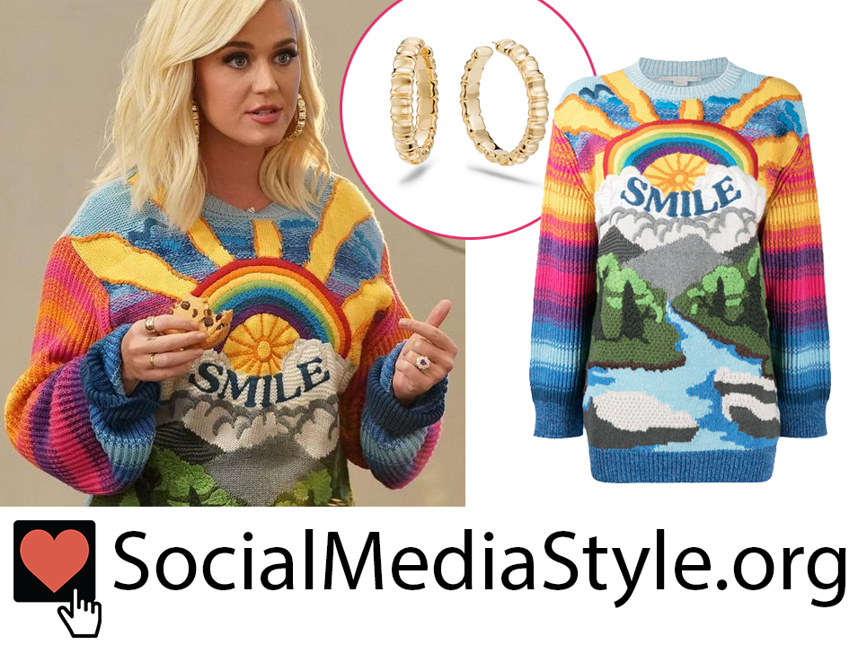 Katy Perry's gold bamboo hoop earrings and smile rainbow sweater from ...