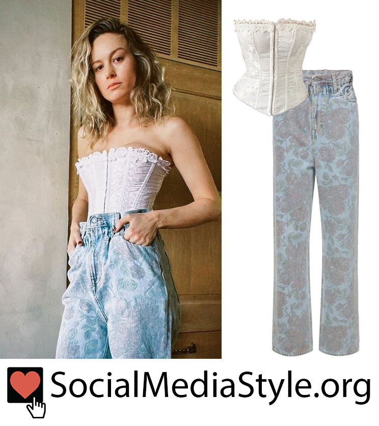 Brie Larson's white corset and floral print jeans