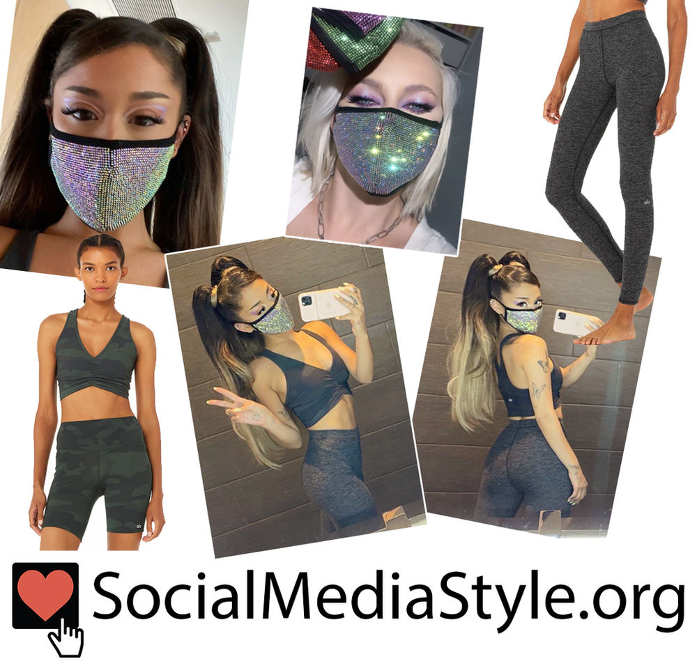 Ariana Grande's rhinestone face mask, camo sports bra, and grey leggings