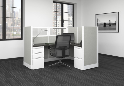 SIS L-Shape 5' x 6' with 2 peds & Glass | First Call Office