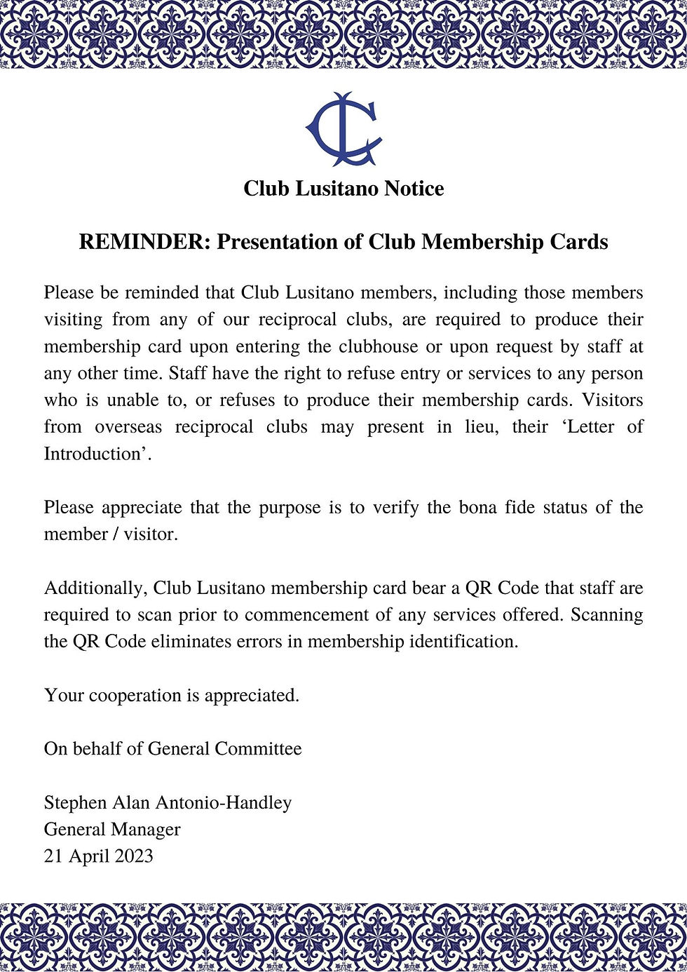 Club Lusitano Notice