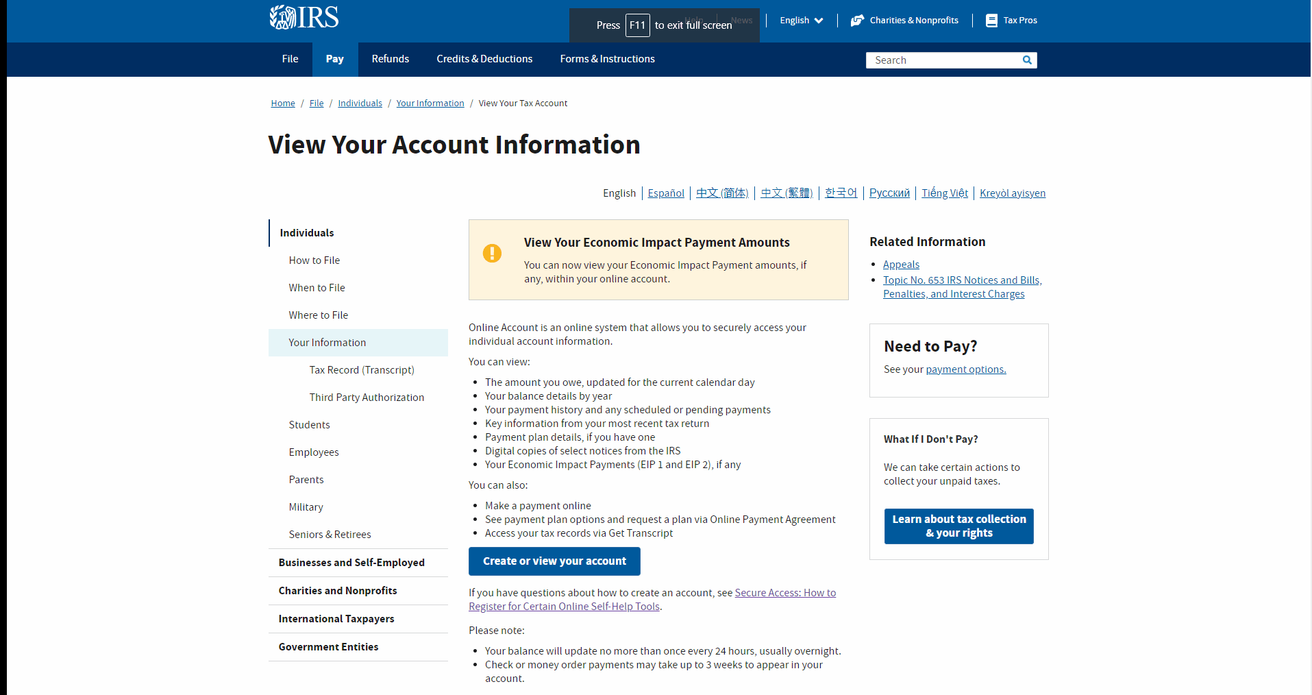 Create IRS Account to See Stimulus Payments & ES Payments