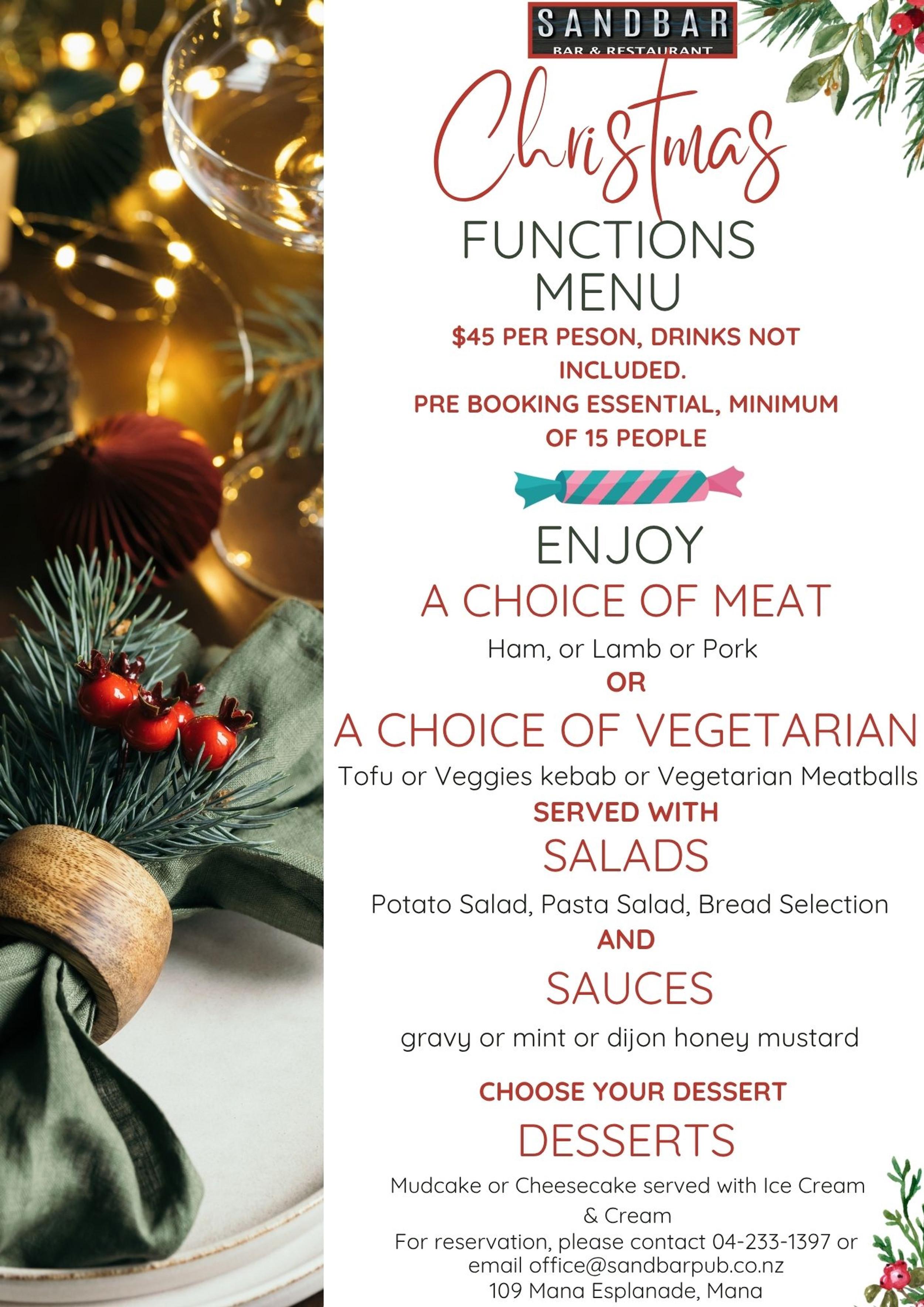 Christmas Menu | Sandbar Mana