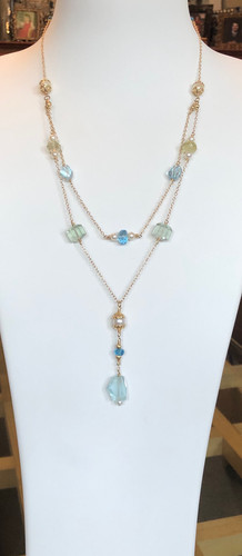Aquamarine, Topaz, Beryl and Cultured Pearl Layered Necklace in 14K ...