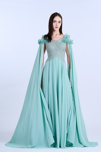 Green Ruffle Shoulder Cloak Sleeves Embellished Chiffon Gown | Dreamdresses