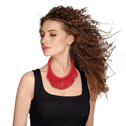 "Daniella" Red Seed Bead Fringe Necklace Set | Neckology 101