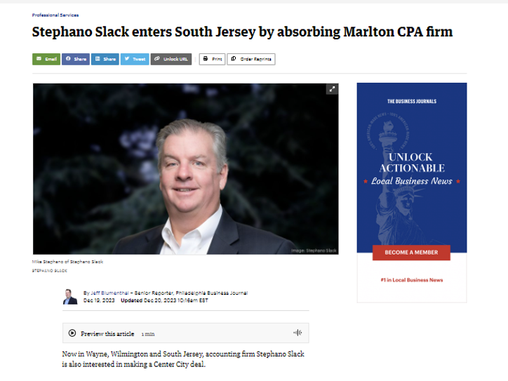Stephano Slack Enters South Jersey by Absorbing Marlton CPA Firm