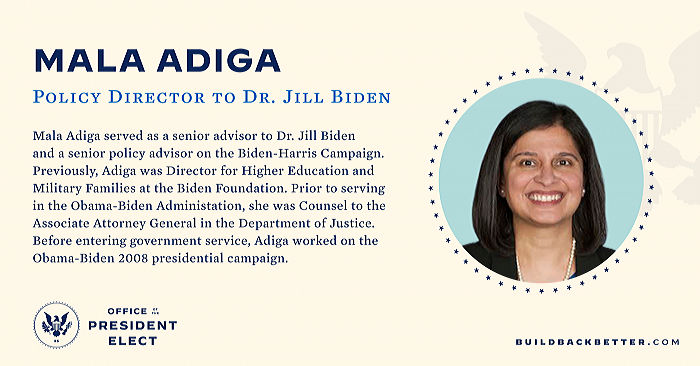 MALA ADIGA, AN INDIAN-AMERICAN APPOINTED AS FIRST LADY'S POLICY ...
