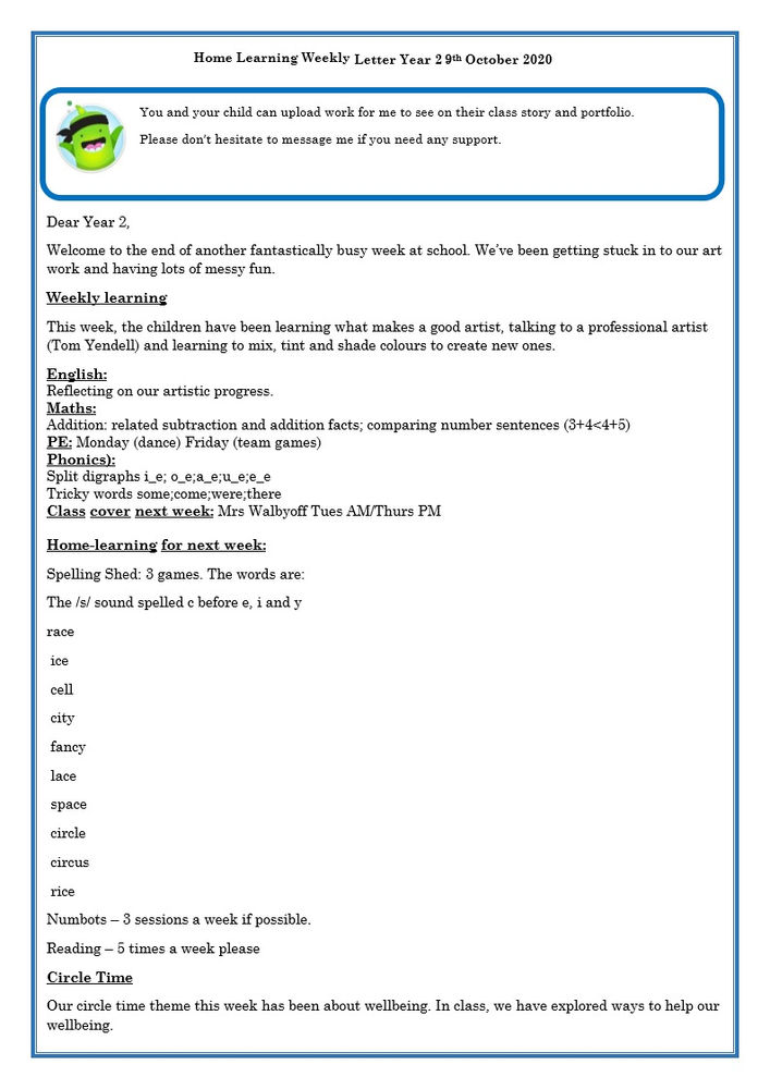 Year 2 Weekly Letter 09/10/20