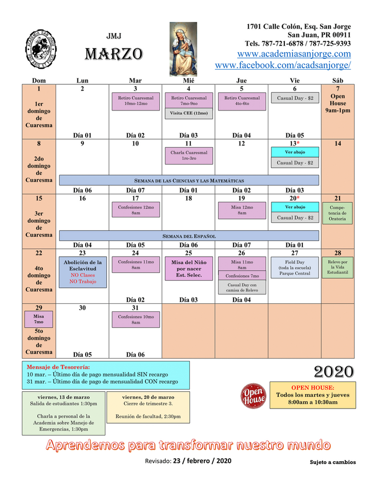 Calendario mes de marzo 2020