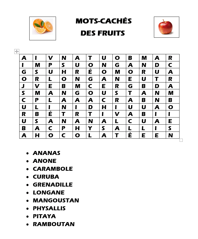 Mots cachés des fruits