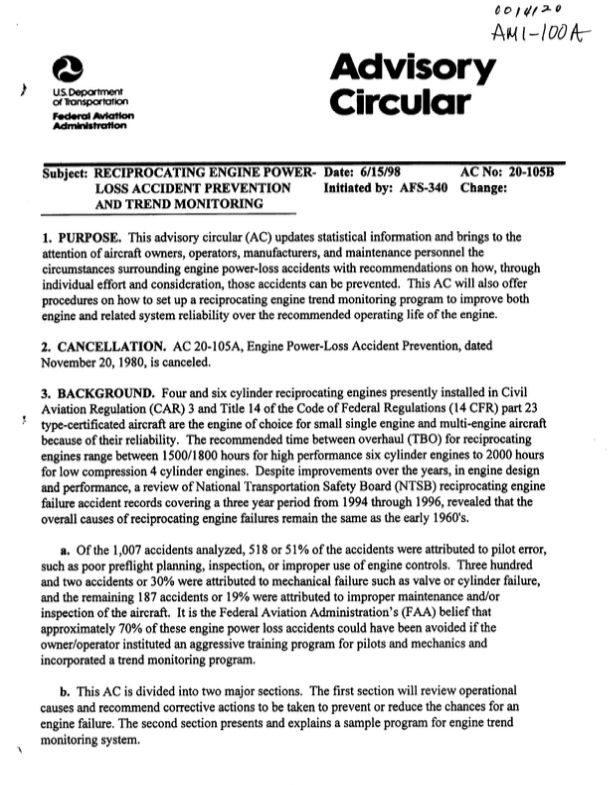 FAA Advisory Circular: Reciprocating Engine Power Loss Accident ...