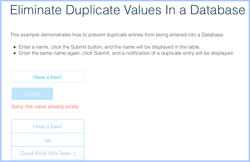 Example No Database Duplicates Velo By Wix