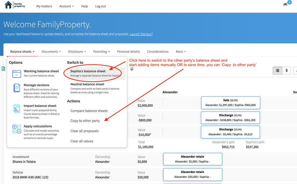 Create a balance sheet for the other side | FamilyProperty