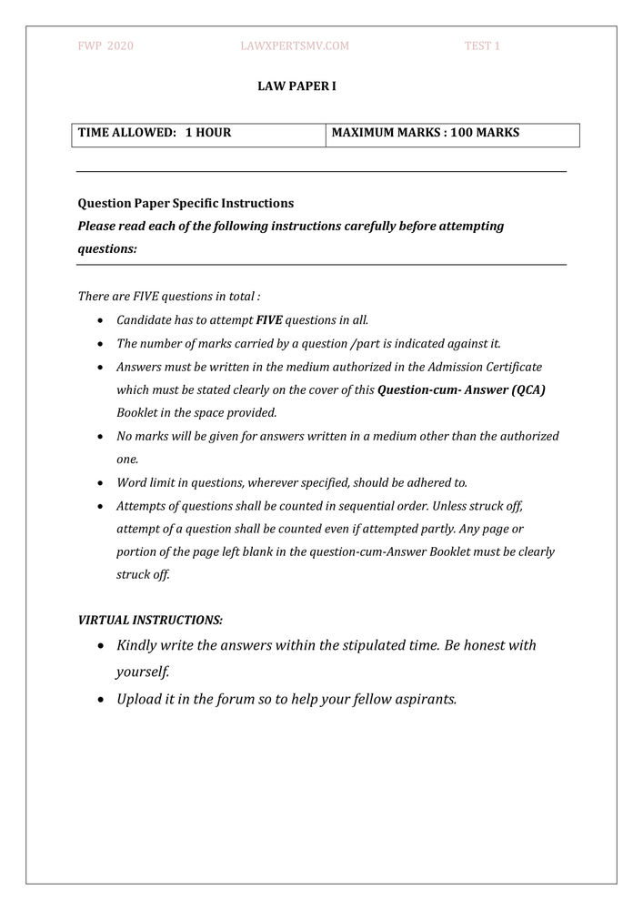 Test 1 : Free Writing practice for UPSC Law Optional | Lawxpertsmv India