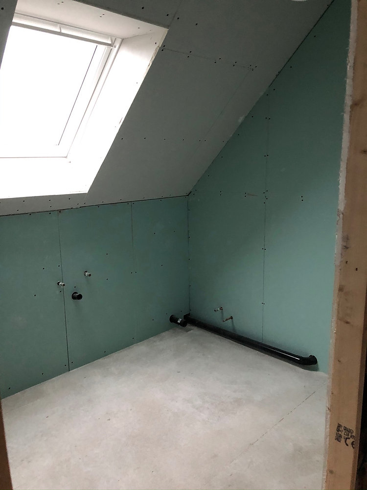 June - Upstairs bathroom plaster boarding complete