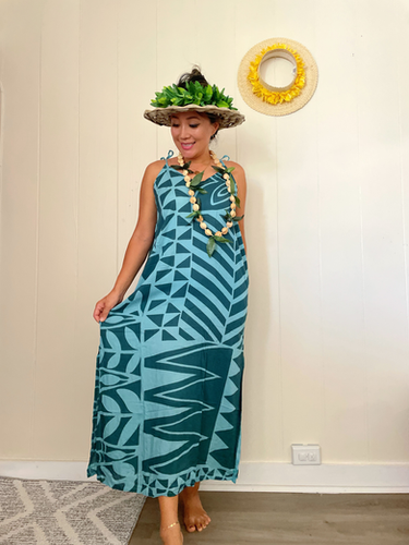Waimea Dress -Pearl Tappa - Light Sea Green/ Teal | Aloha All Day Hawaii