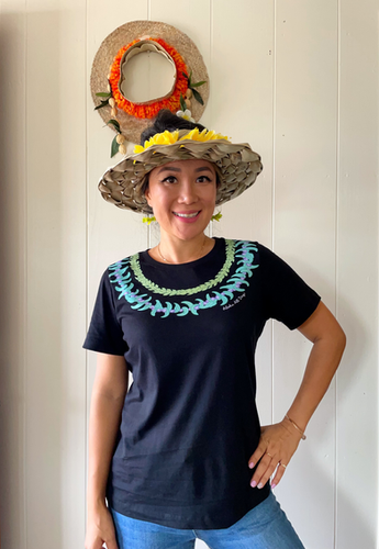 Lei T-Shirt - Blue Jade Lei - Black | Aloha All Day Hawaii