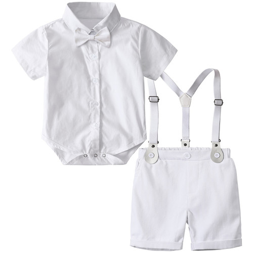 Baby | White Suspender Shorts & Romper | Suit Set | Humble Babies