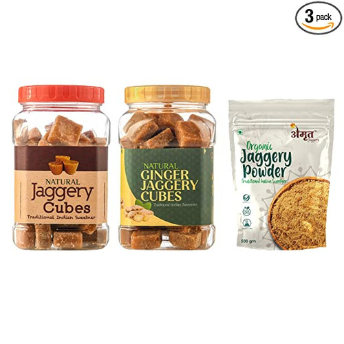 Plain Jaggery Cubes + Ginger + Powder Combo Pack | Amrut Jaggery