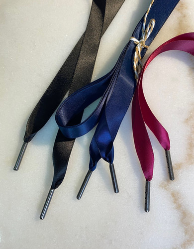 Satin ribbon lacing with black aglets | EC Designs