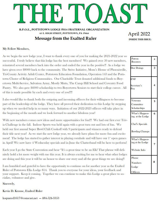 Lodge News | Pottstown Elks Lodge