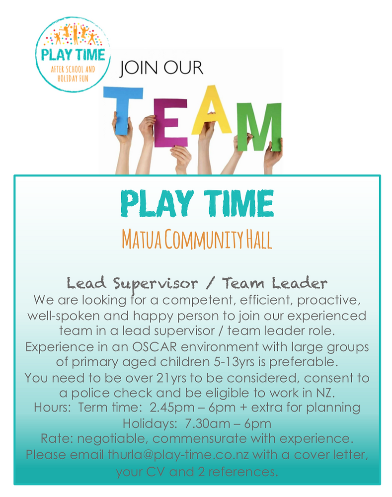 Position Available at Play Time Matua Community Hall
