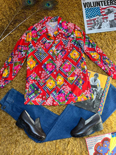 California Day 1970s Patchwork Print Smock Shirt | Venus Loon Vintage
