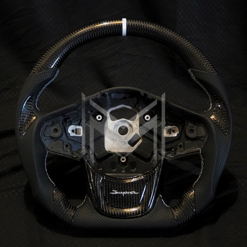 A90 Supra Carbon Fiber Steering Wheel- Tri-Perf. Leather, White Accents ...
