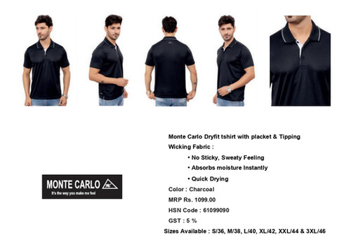 Monte Carlo Dryfit Tshirt with placket and Tipping Charcoal Color ...