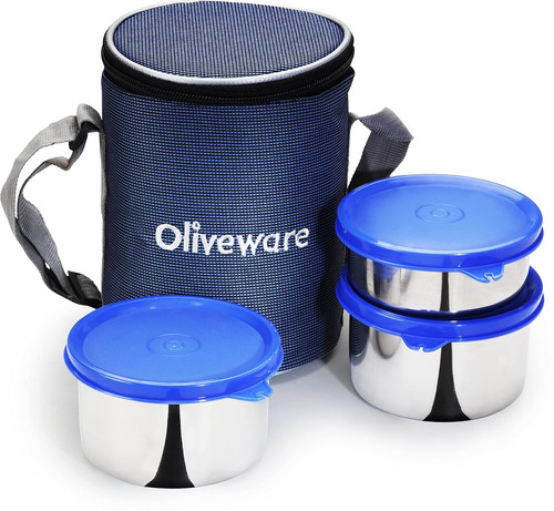 oliveware Angelic Lunch Box, Leak Proof, 3 Stainless Steel Containers ...