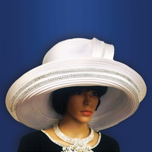 White Satin and Rhinestone Extra Wide Brim Up Hat | Ladies Hats and More