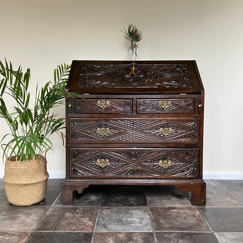 Beautiful Jacobean Carved Solid Oak Bureau / Fall Front Writing Desk ...