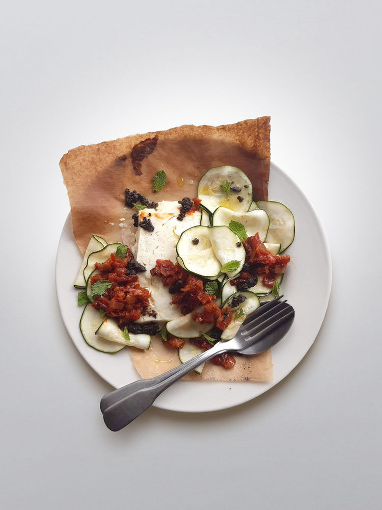 Baked fata cheese and courgette salad with tomato agrodolce