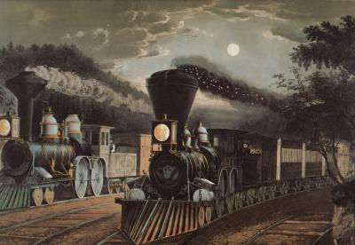 "THE LIGHTNING EXPRESS TRAINS LEAVING THE JUNCTION" Artwork by Currier ...